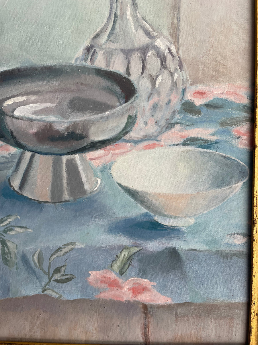 Still-Life Oil Painting with Floral Tablecloth – Reclectic