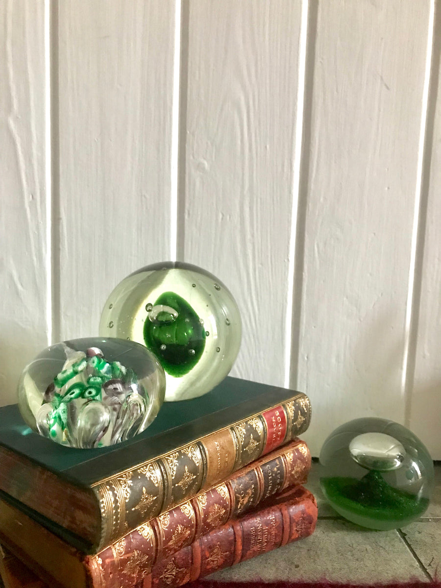 Trio of Green Glass Paperweights – Reclectic